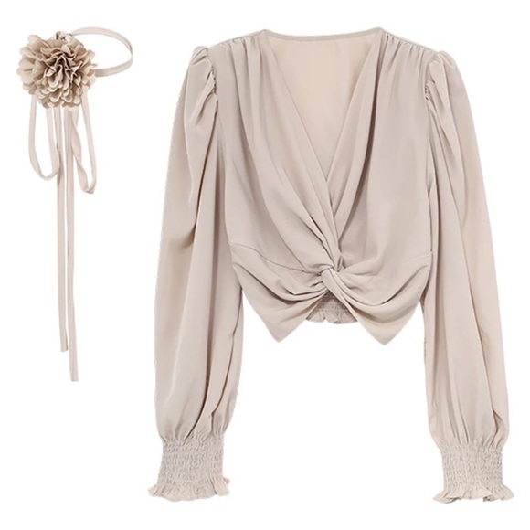 Tops | Elegant Neck Rope Flower Bubble Sleeve Satin Blouse | Poshmark